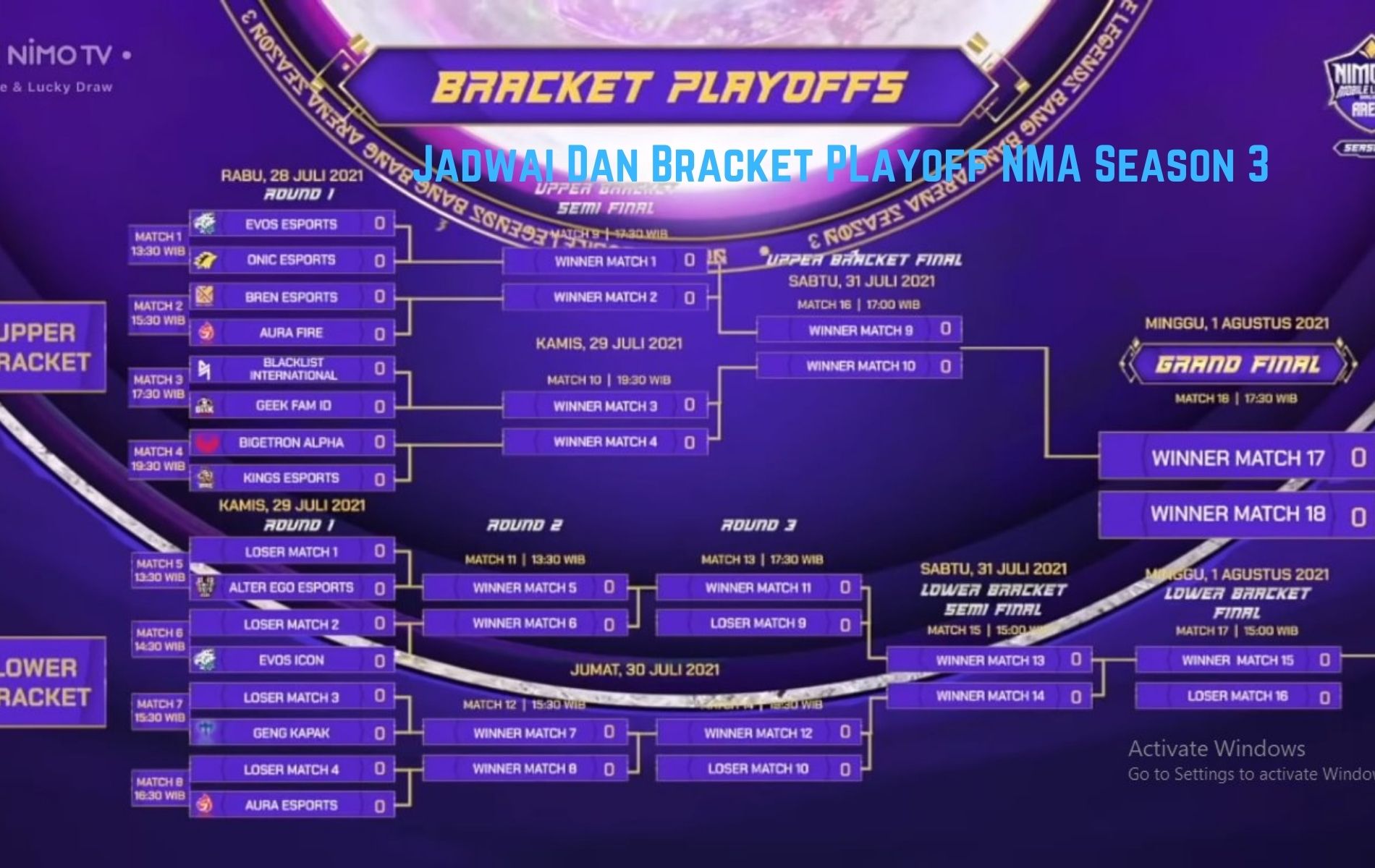 Jadwal Dan Bracket Playoff NMA Season 3, EVOS Dan ONIC Bertemu!